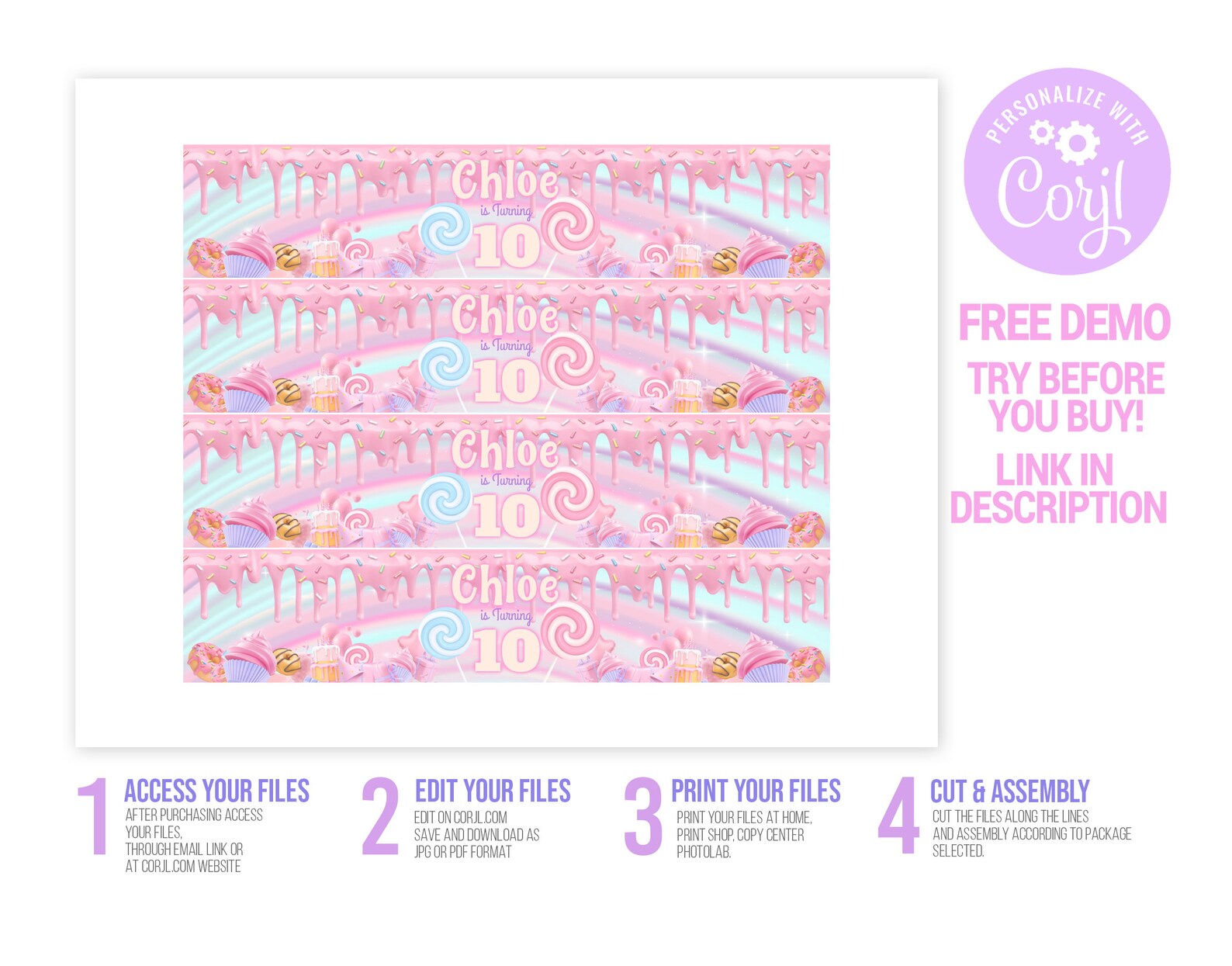Candyland Water Bottle Labels: Candy Theme, Editable Template (digital ...