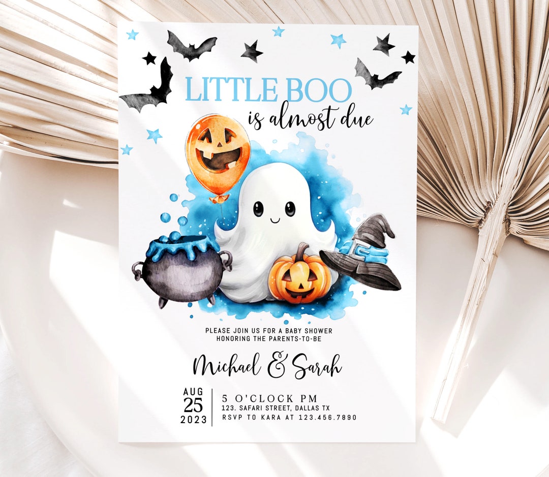 Editable Blue A Little Boo Baby Shower Invitation Boy Halloween Baby ...