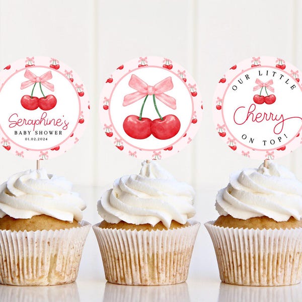 Cherry and Bow Cupcake Toppers - Etsy