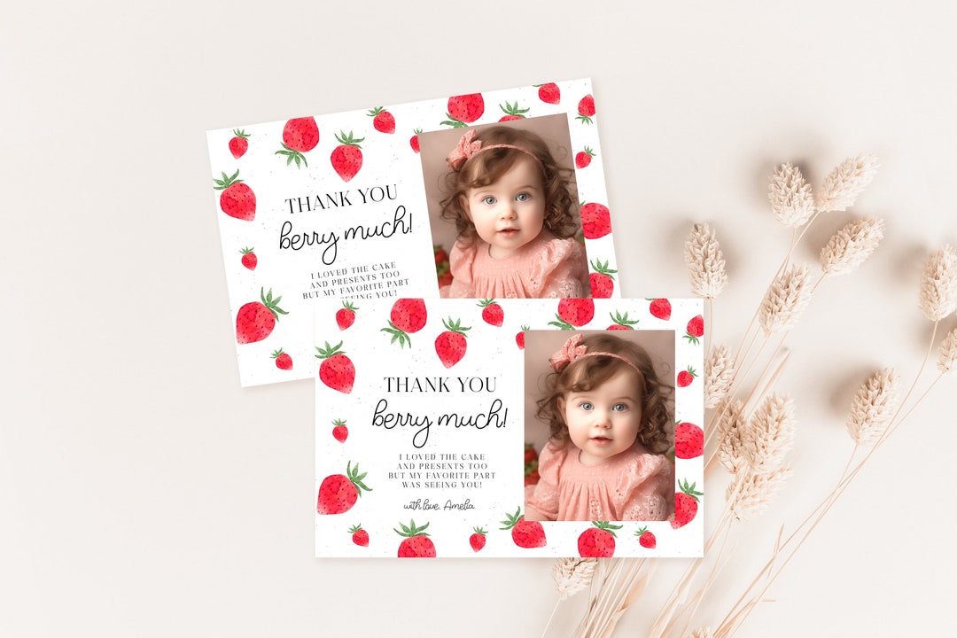 Berry First Birthday Thank You Card Template, Editable Strawberry ...