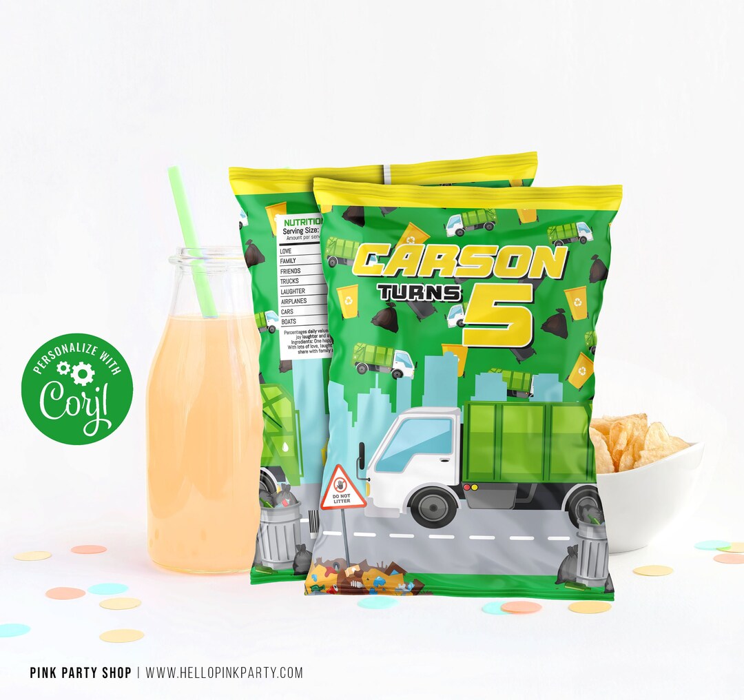 Garbage Truck Chip Bag, Template Printable, Kids Birthday Chip Bag ...