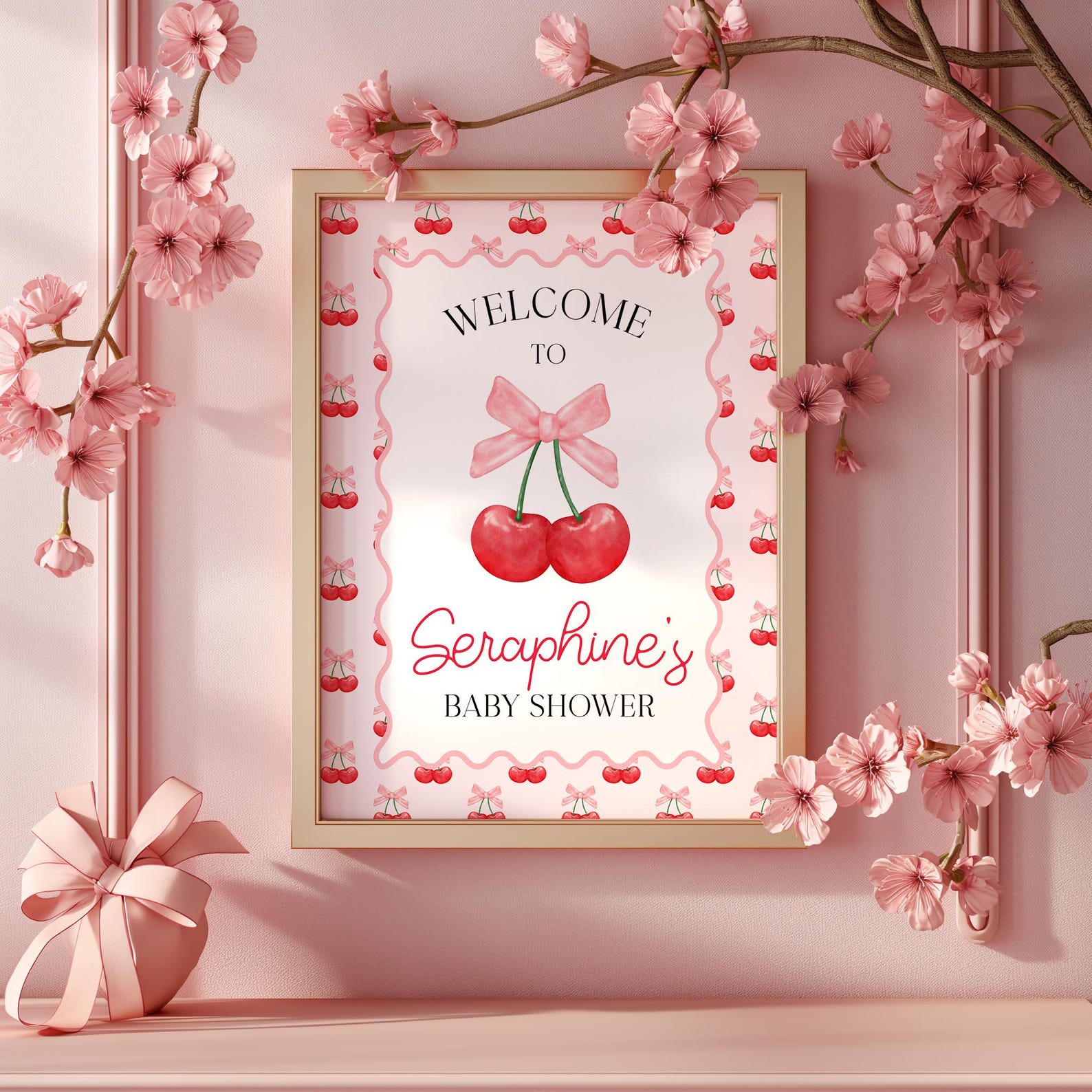 Cherry Baby Shower Welcome Sign: Pink Bow (editable Printable Template ...