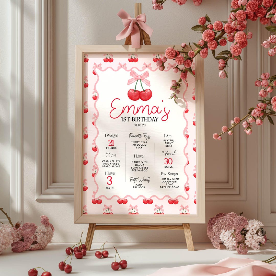 Cherry First Birthday Milestone Board Sign Printable Cherry on Top 1st ...