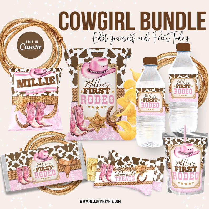 Cowgirl 1st Rodeo Birthday Party Bundle: Editable Pink Western Labels ...