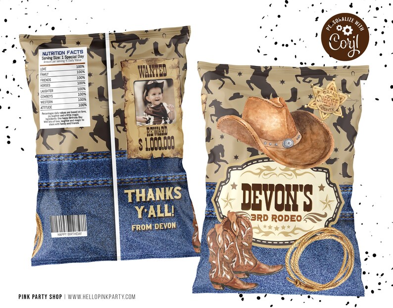 Cowboy Birthday Party Chip Bag Template Printable 1st Rodeo - Etsy