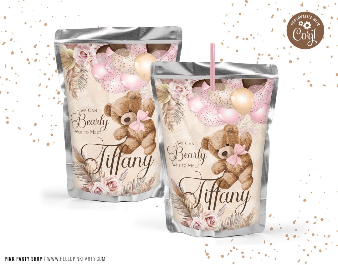 Teddy Bear Baby Shower Juice Pouch Labels: Boho Balloons (printable ...