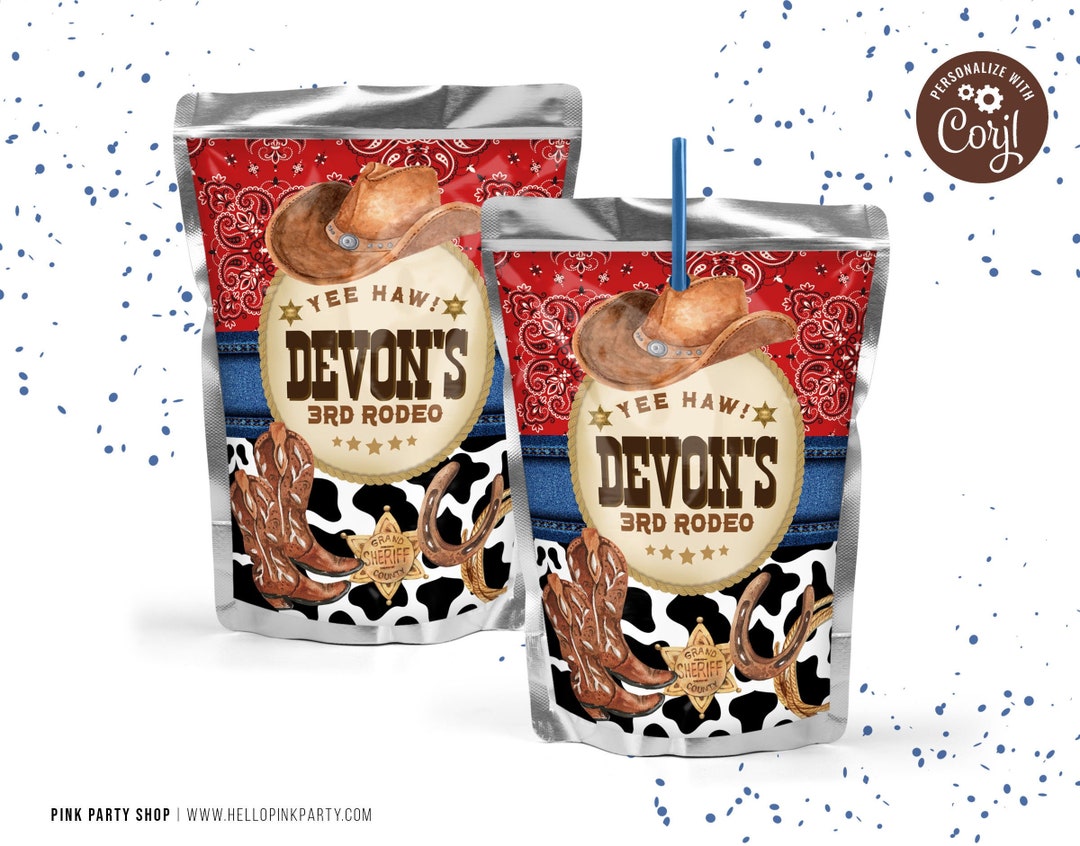 Cowboy Birthday Party Juice Pouch Labels: Editable Rodeo Template ...