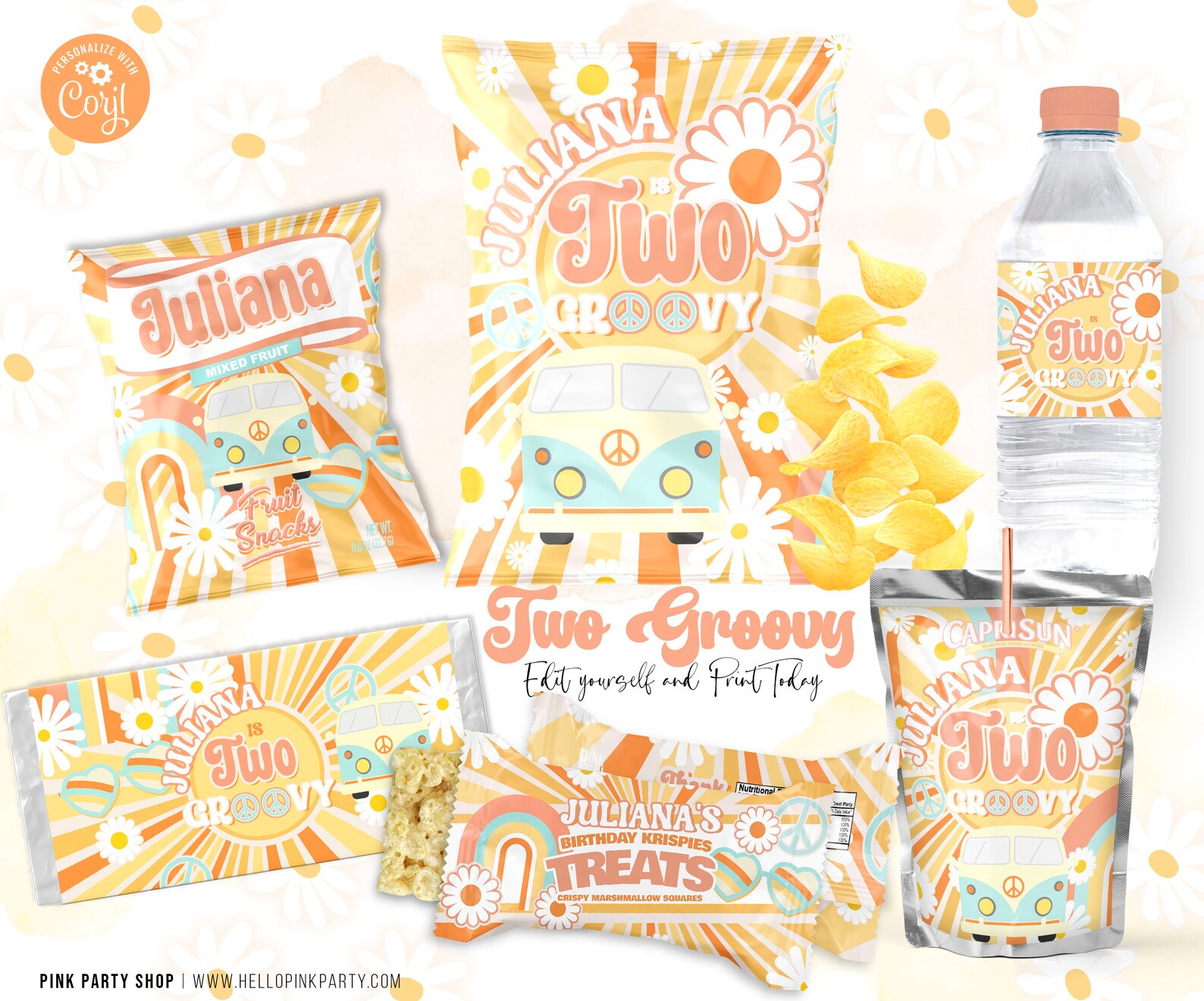 Editable Two Groovy Birthday Gift Bag Label Daisy Hippie Boho Retro ...