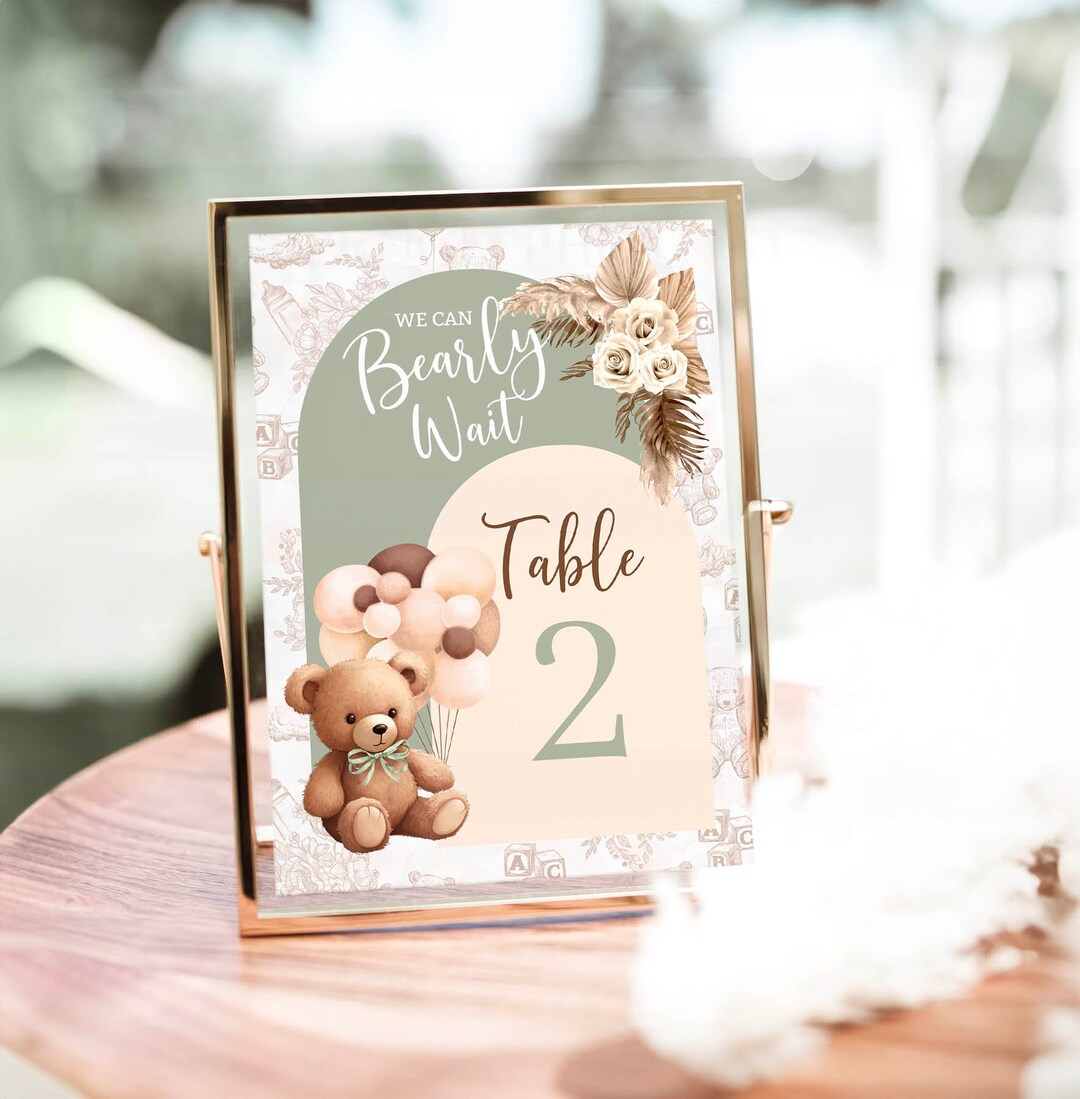 Bear Table Number Printable Sage Bear Editable Table Sign for Baby ...