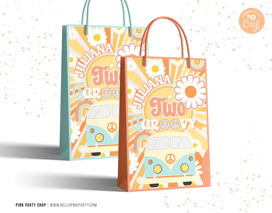 Editable Two Groovy Birthday Gift Bag Label Daisy Hippie Boho Retro ...