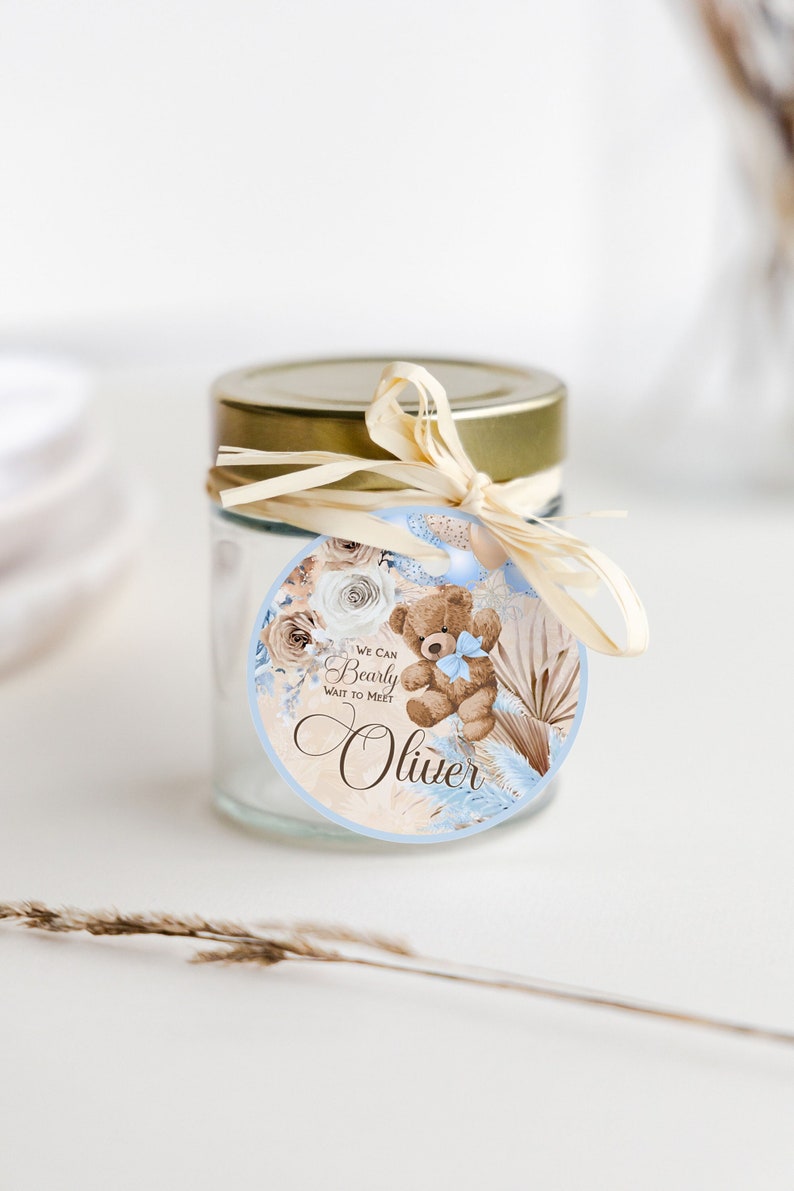 Blue Bear Baby Shower Favor Tags: Boho Printable Template (digital ...
