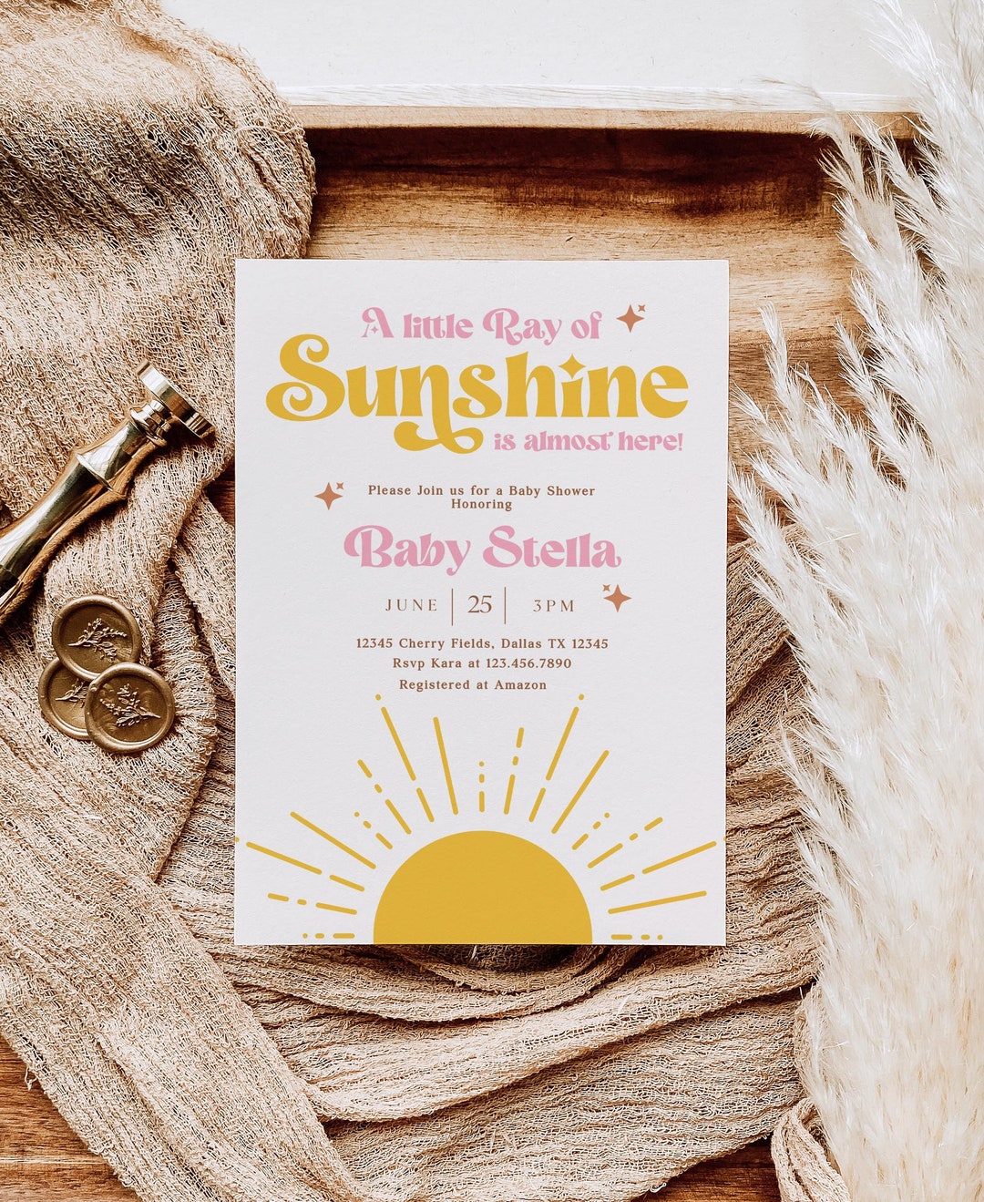 Editable Sunshine Baby Shower Invitation Girl Sunshine Boho Sunshine ...