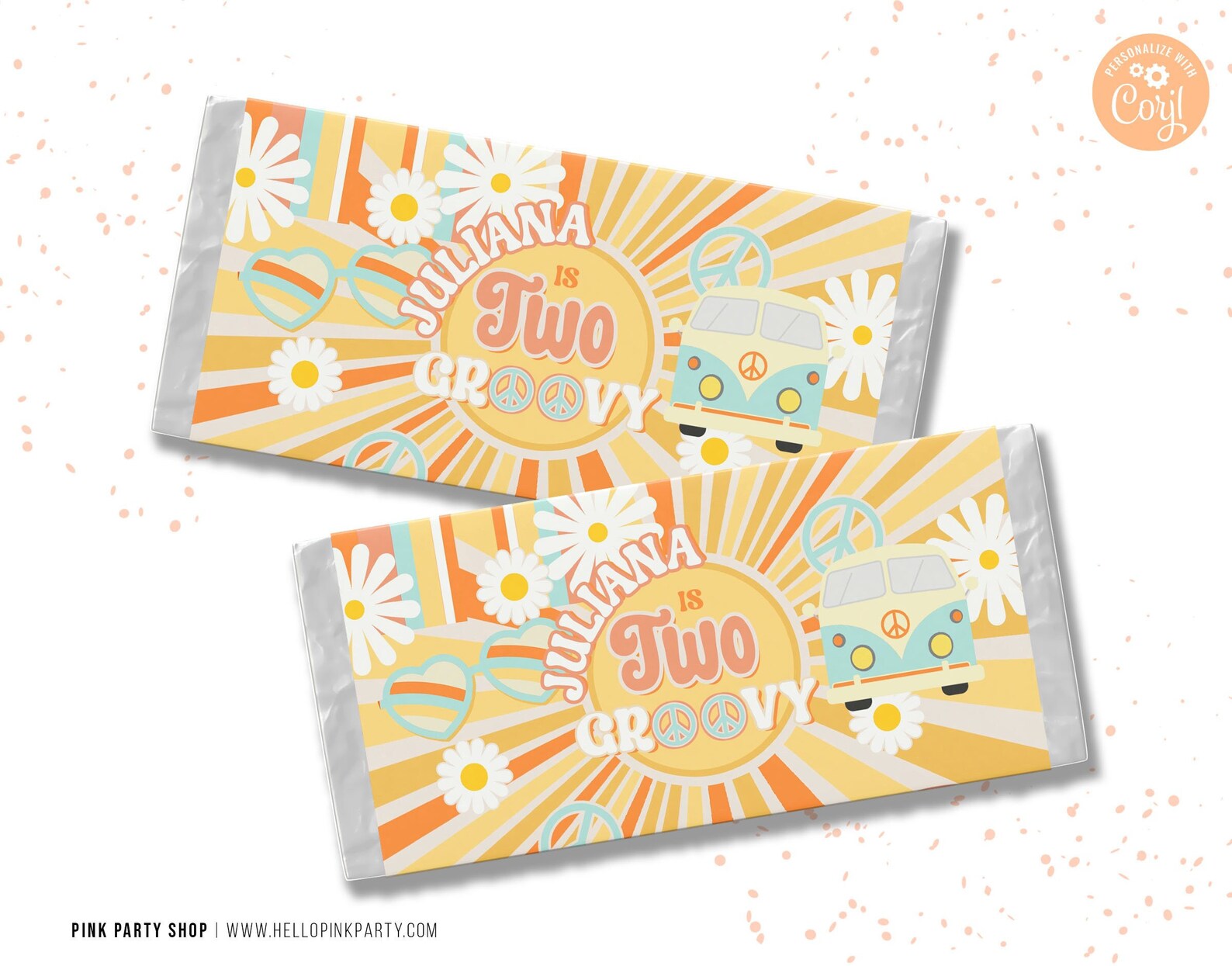 Editable Two Groovy Birthday Gift Bag Label Daisy Hippie Boho Retro ...