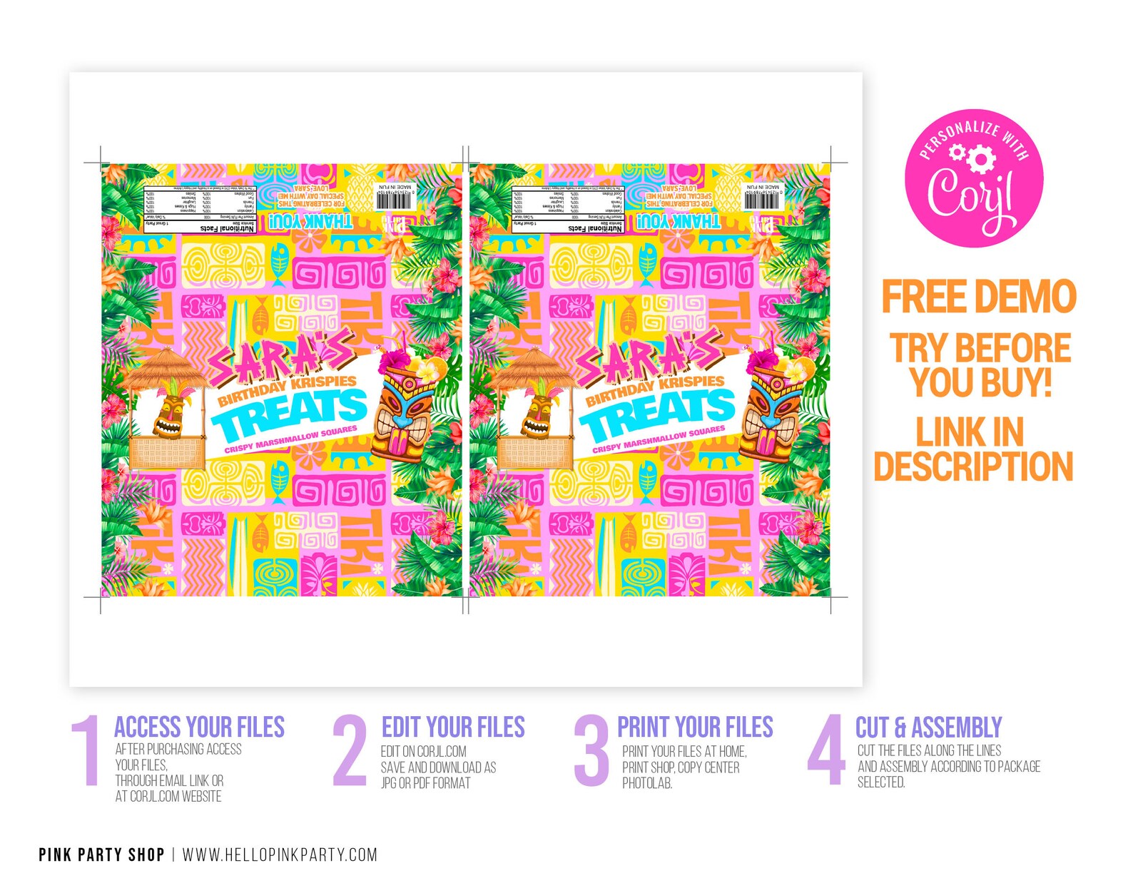 Luau Tiki Birthday Rice Treats Wrapper: Editable Candy Bar Favor Label ...
