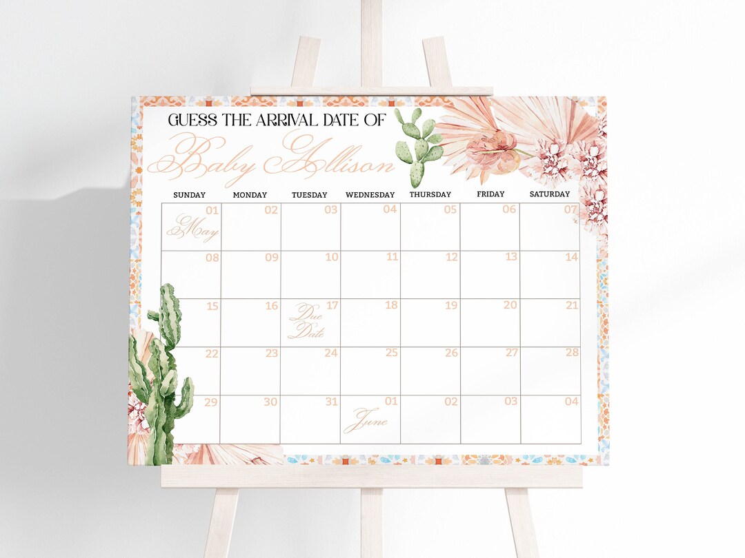 Cactus Baby Shower Due Date Chart Sign Editable Template Cacti Baby ...