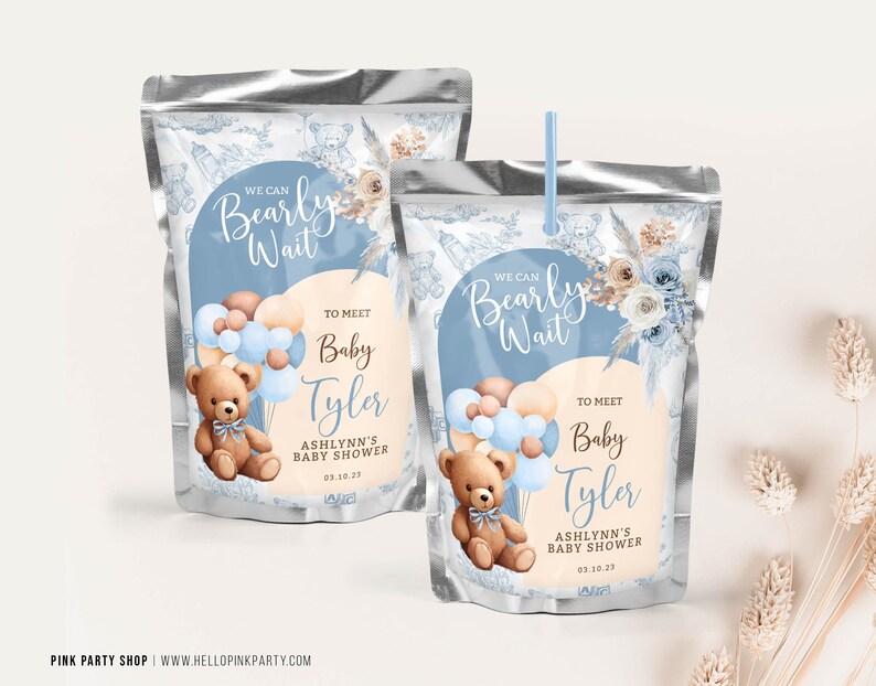 Blue Bear Baby Shower Candy Bar Wrapper: Boho Boy Party Favor (digital ...