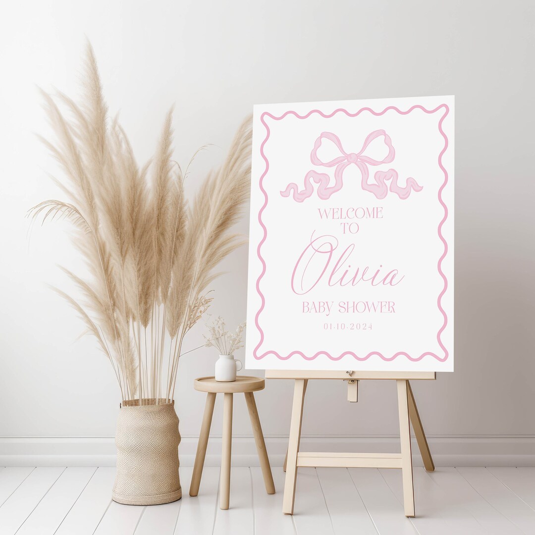Pink Bow Baby Shower Welcome Sign Editable Minimal Modern Baby Shower ...