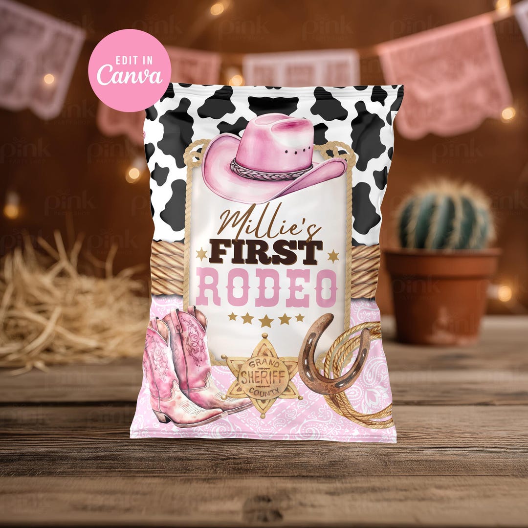 Cowgirl 1st Rodeo Chip Bag: Pink Western Birthday Favor (editable Canva ...