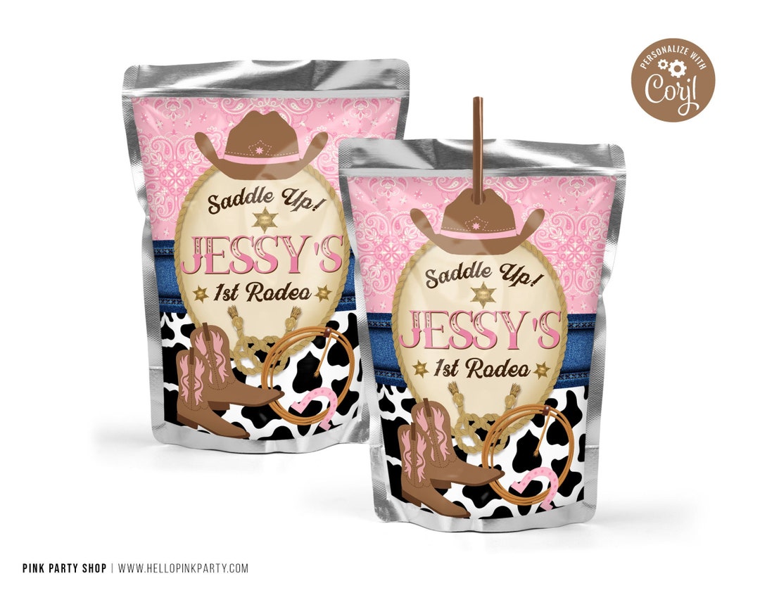 Cowgirl Birthday Party Juice Pouch Labels, Printable Templates, 1st ...