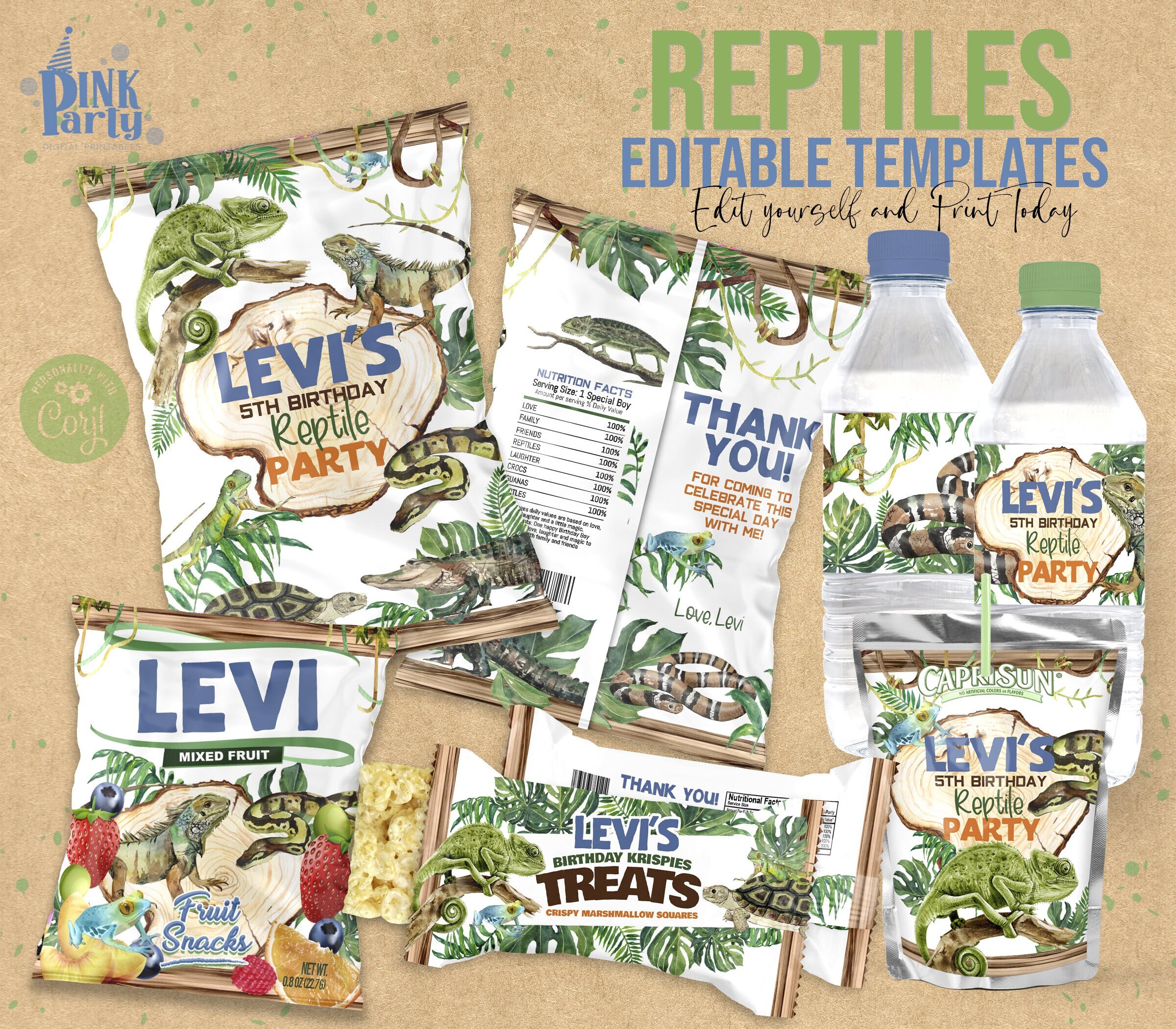 Reptile Birthday Party Bundle: Editable Favor Templates (digital ...