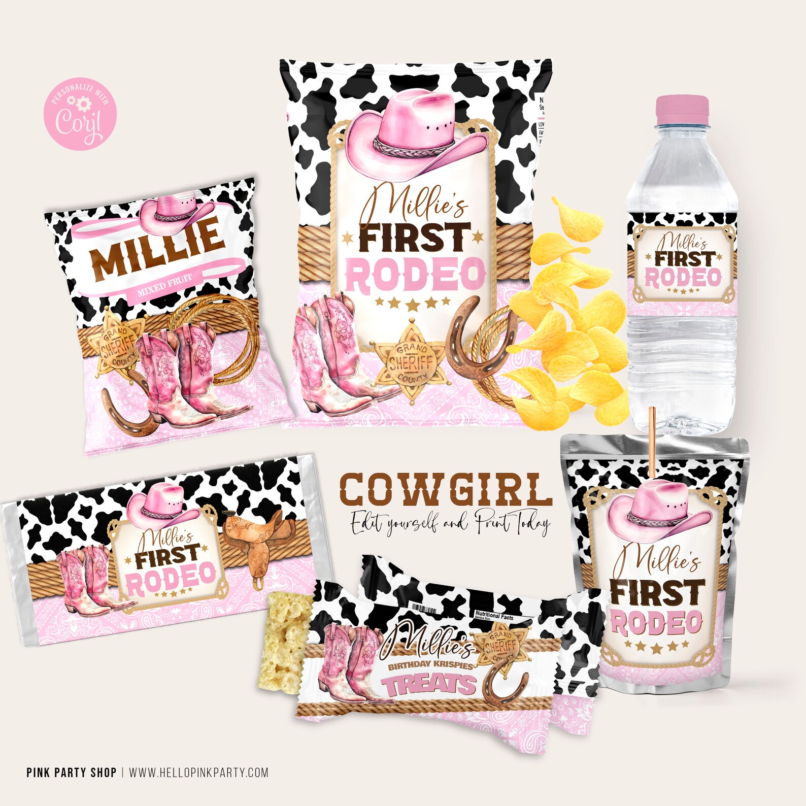Cowgirl 1st Rodeo Chip Bag: Pink Western Birthday Favor (editable ...