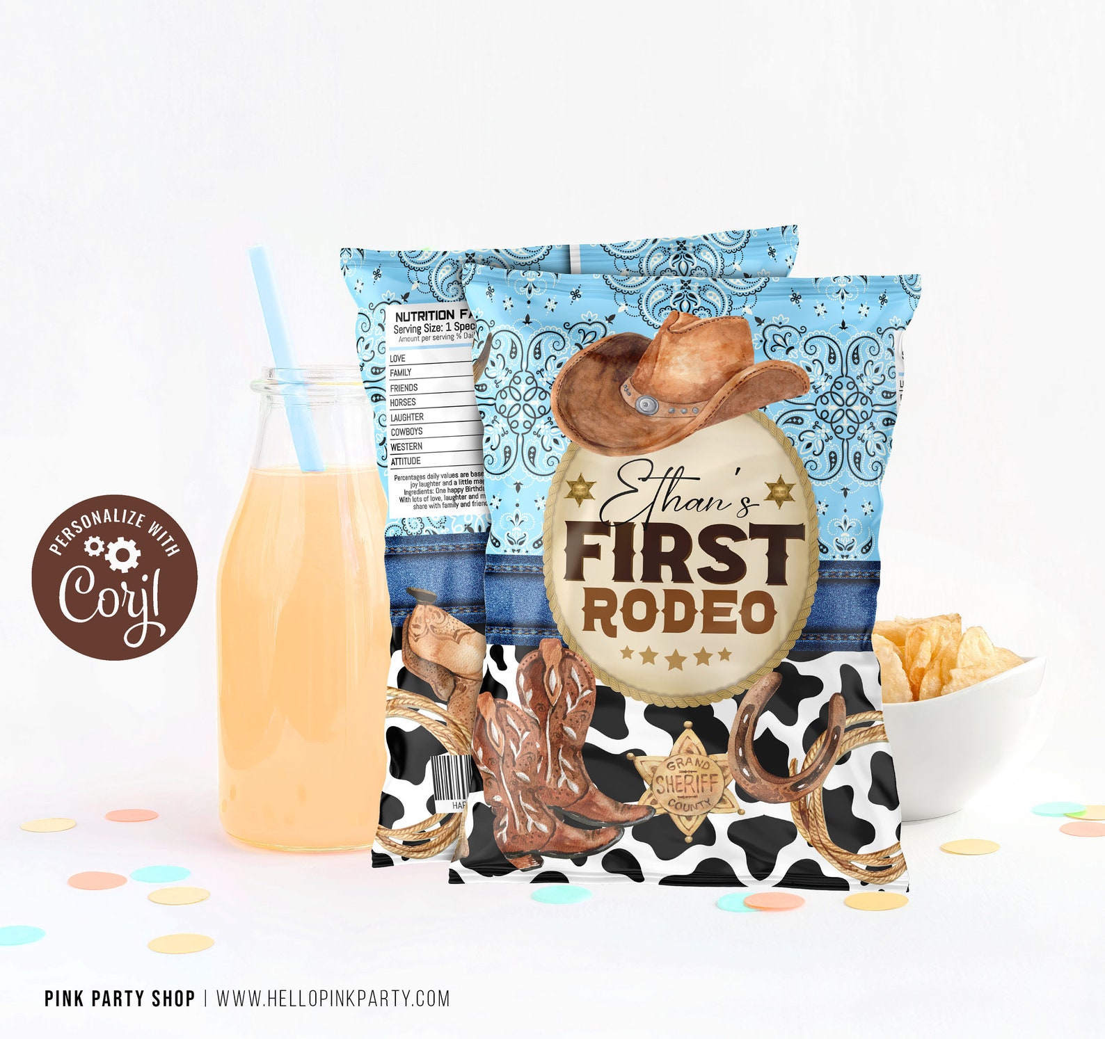 Cowboy Birthday Party Chip Bag, Template Printable, 1st Rodeo Chip Bag ...