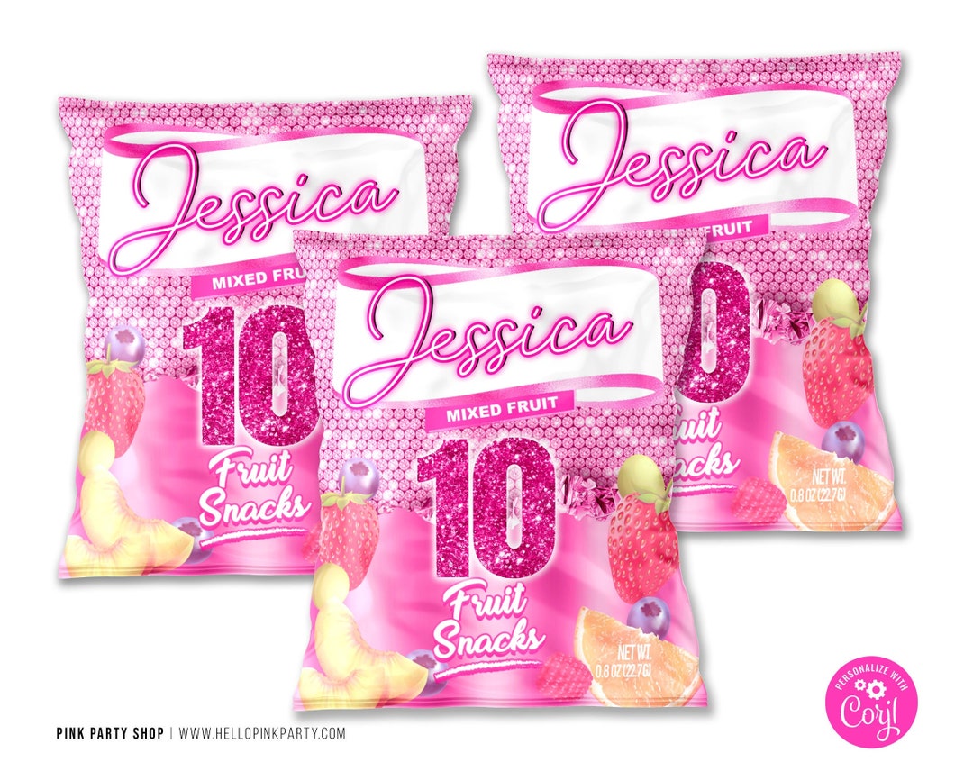 Shades of Pink Birthday Fruit Snack Wrapper: Editable Chip Bag Template ...