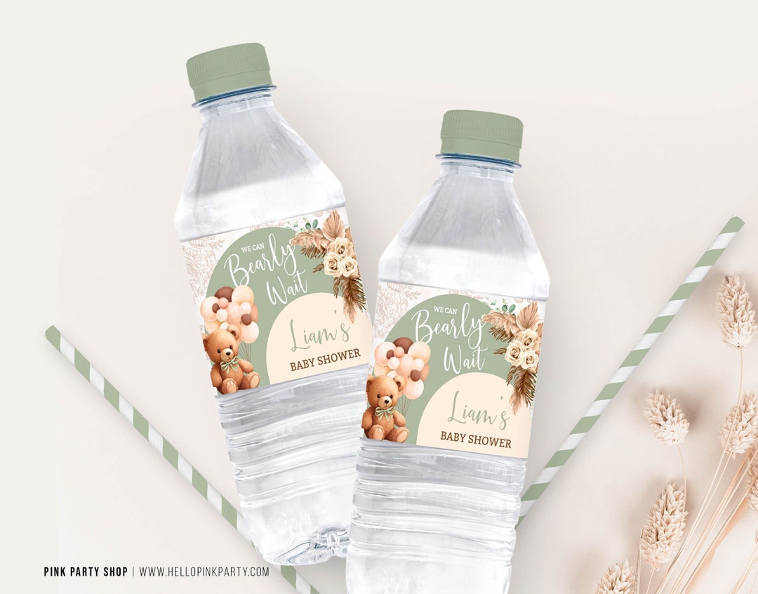 Sage Bear Baby Shower Water Label: Editable Boho Design (digital ...
