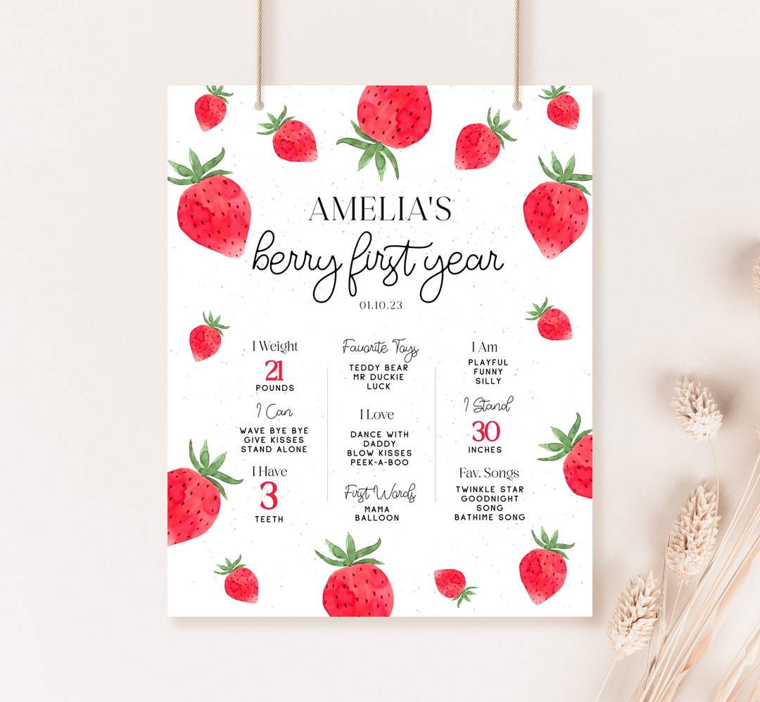 Berry First Birthday Milestone Sign Template, Strawberry 1st Birthday ...