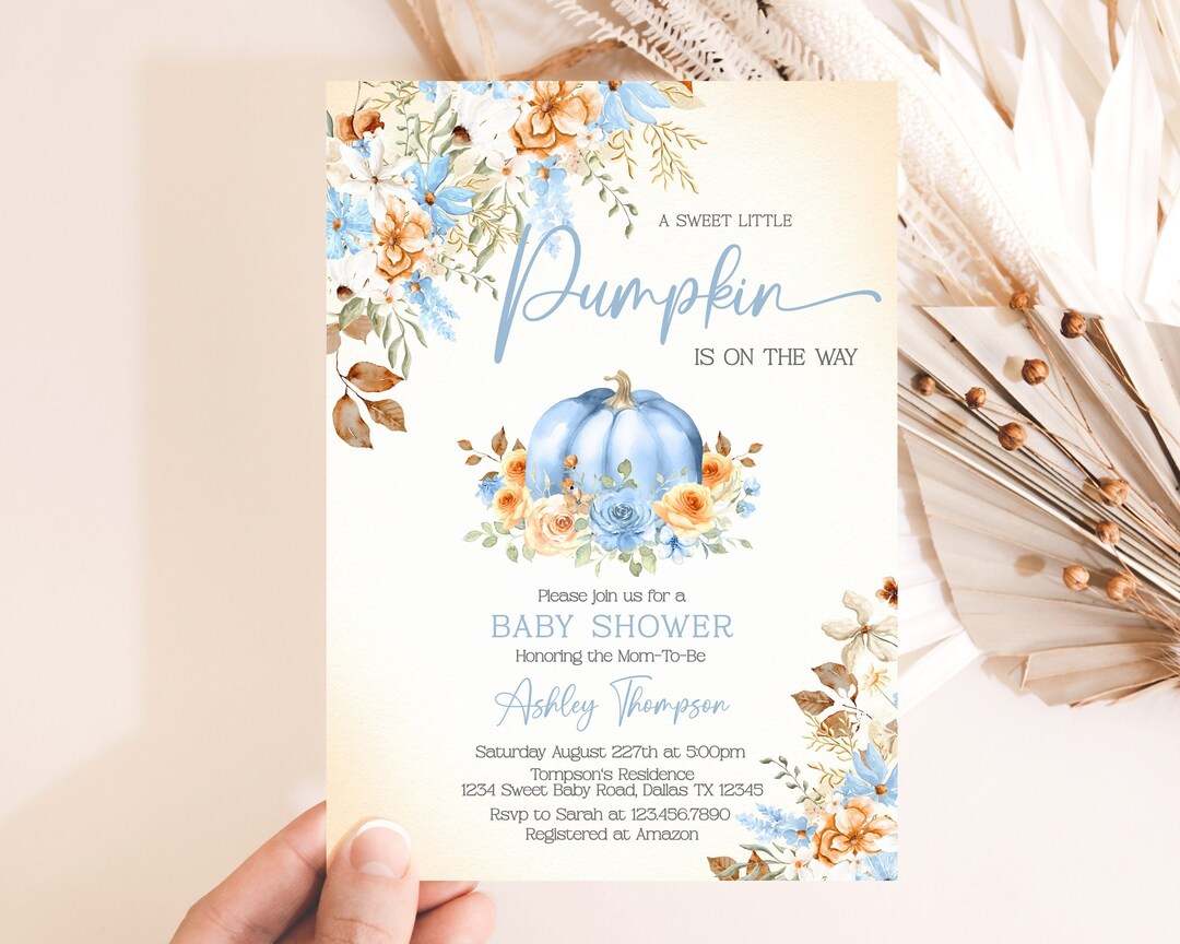 Editable Boy Blue Pumpkin Baby Shower Invitation, Fall Rustic Floral ...