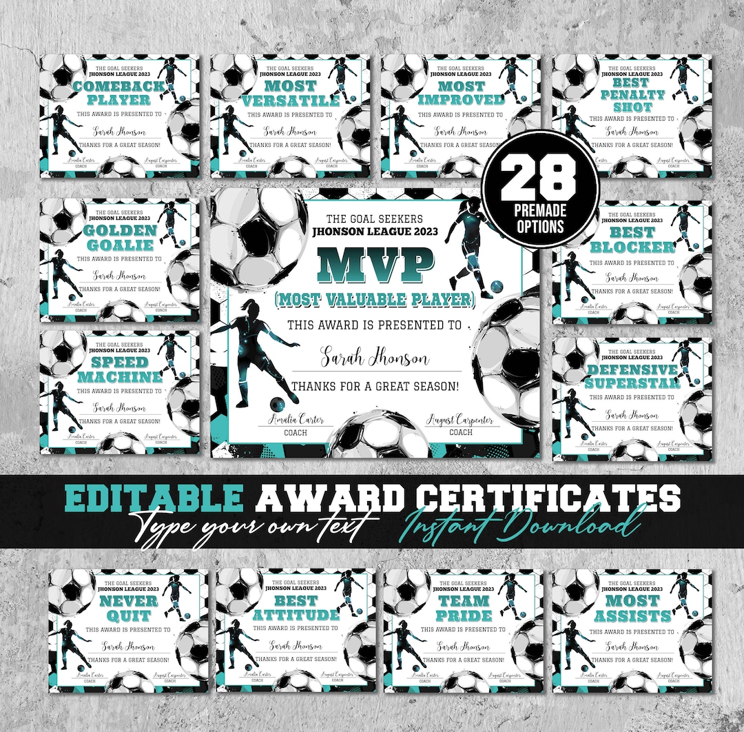 Editable Soccer Award Certificate End of Season Soccer Award Ceremony ...