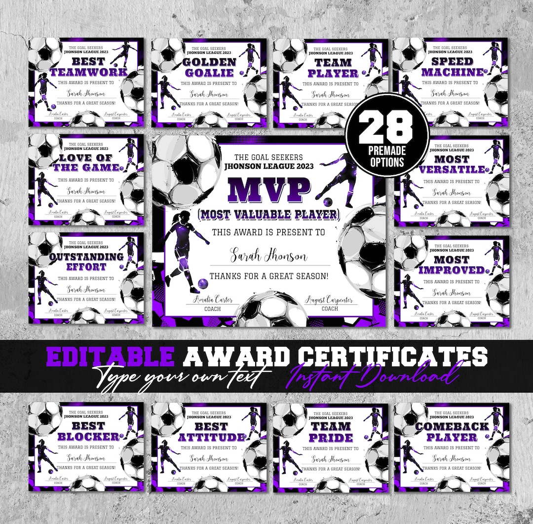 Editable Soccer Award Certificate End of Season Soccer Award Ceremony ...