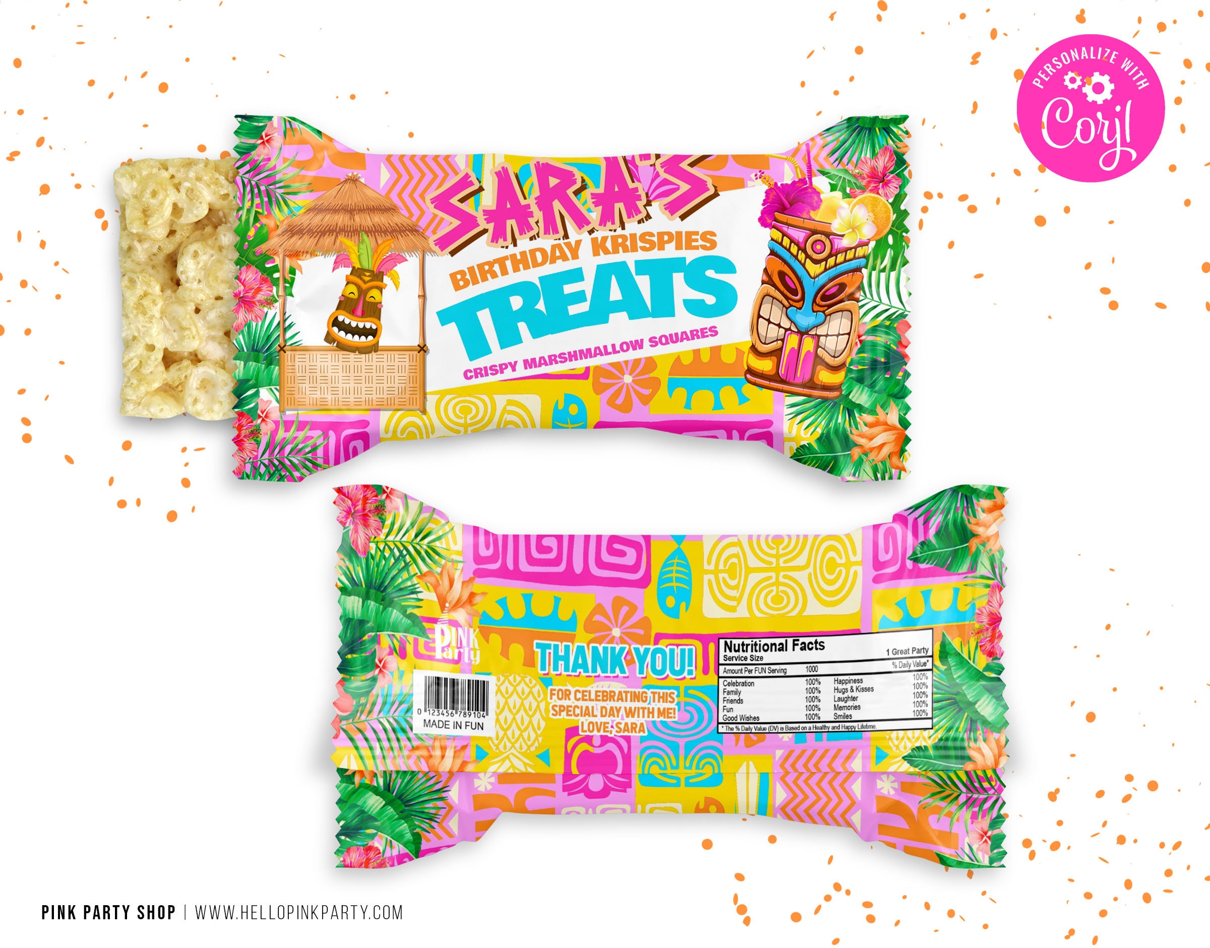 Luau Tiki Birthday Rice Treats Wrapper: Editable Candy Bar Favor Label ...