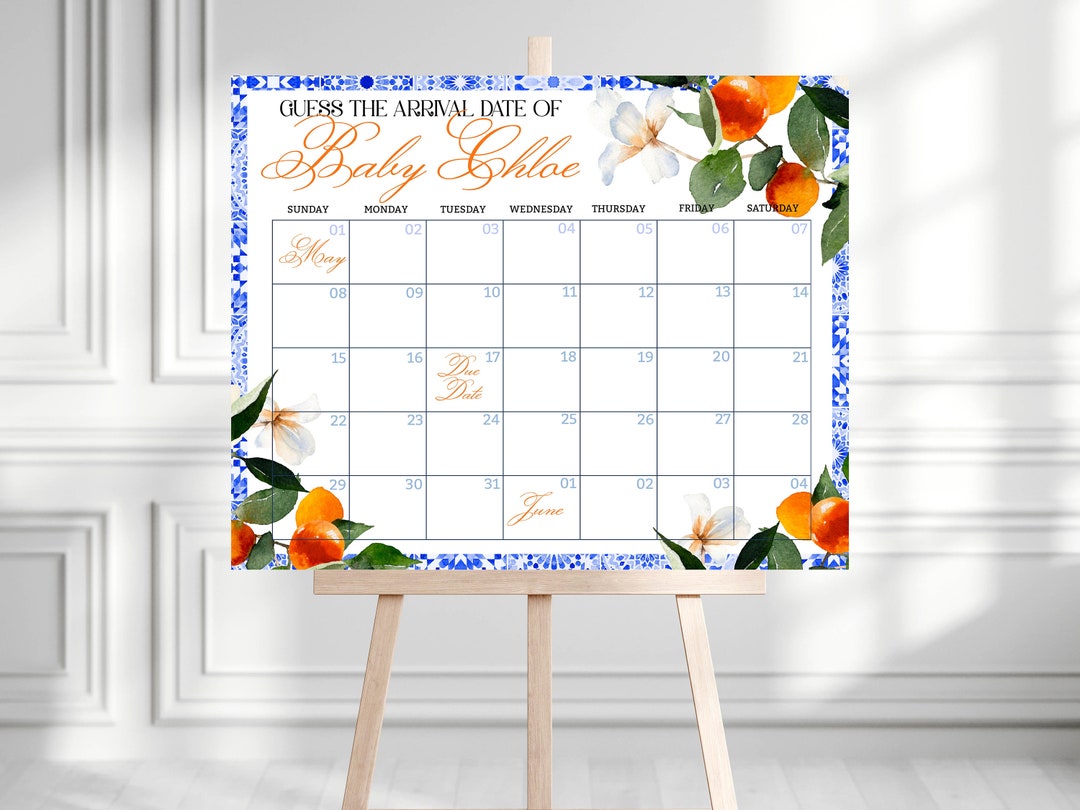 Orange Baby Shower Due Date Chart Sign Baby Shower Guess Baby's Arrival ...