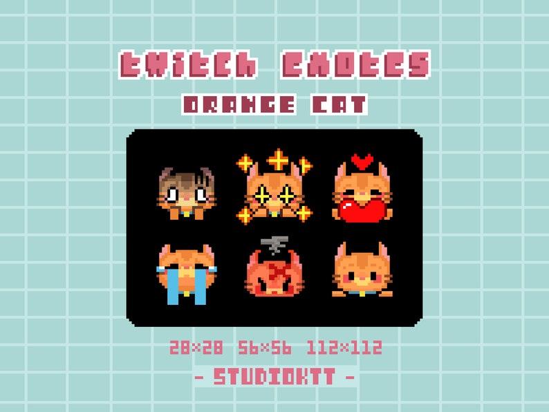 Cute Orange Cat Pixel Emotes | Twitch Discord | Kawaii Kitty Emoji 6 ...