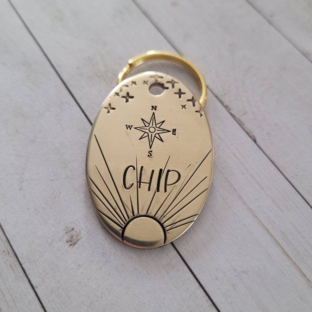 COMPASS Dog Tag, Cat Tag, Oval, Sun Rays, Stars, Custom Dog Tag, Hand ...