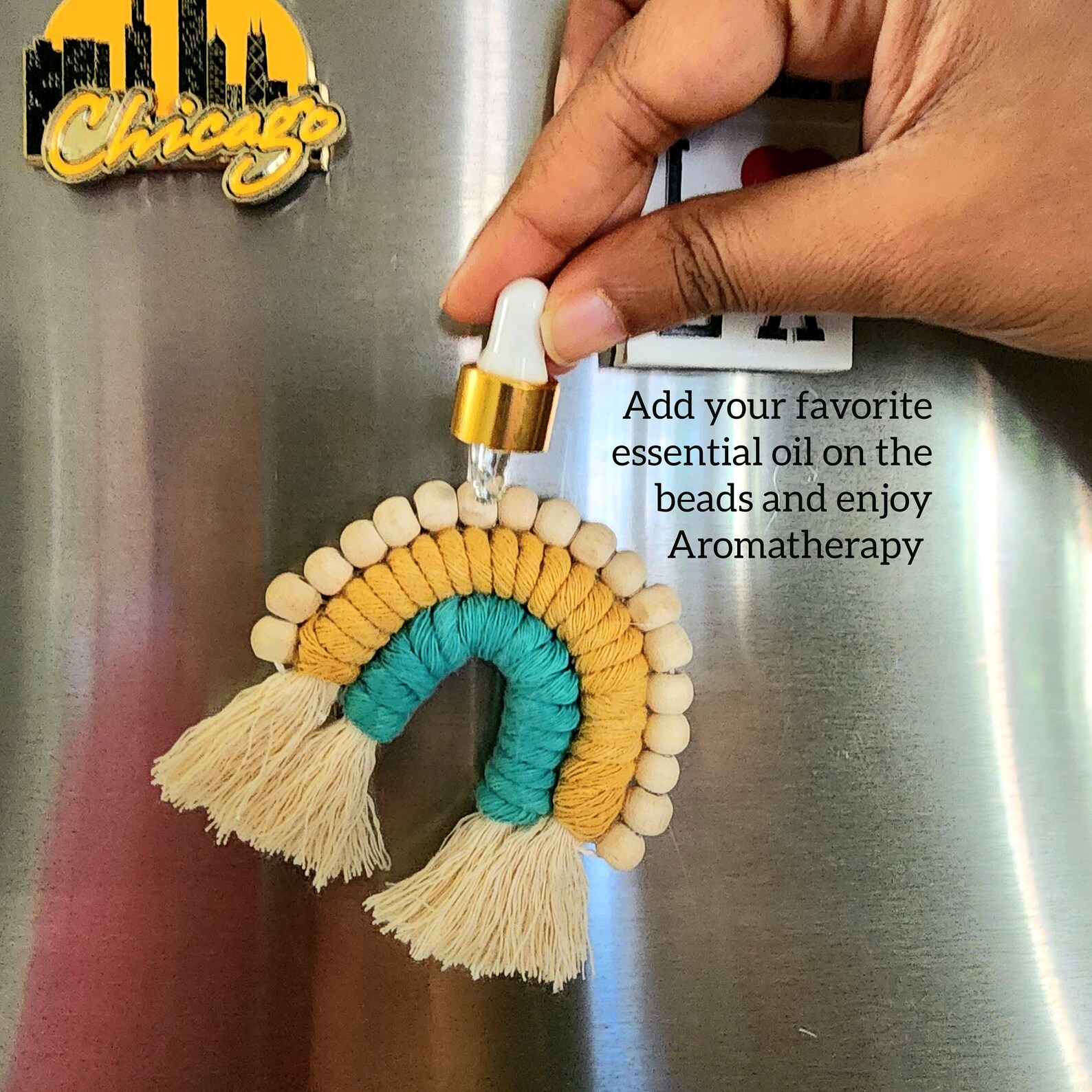 Macrame Rainbow Fridge Magnets / Natural Oil Diffuser With Wooden Beads ...