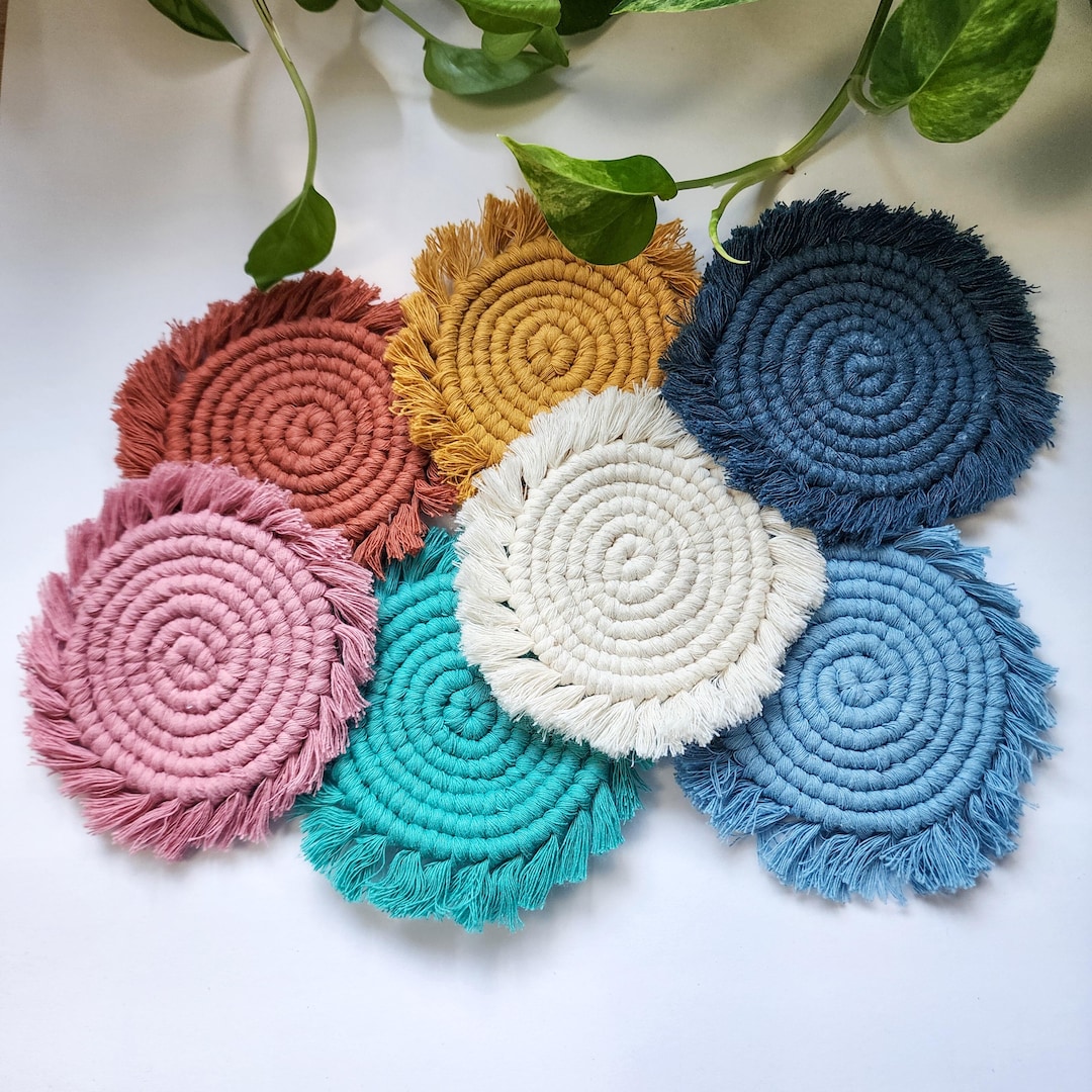 Macrame Boho Coasters, Handwoven Round Cotton Coaster Handmade Table ...