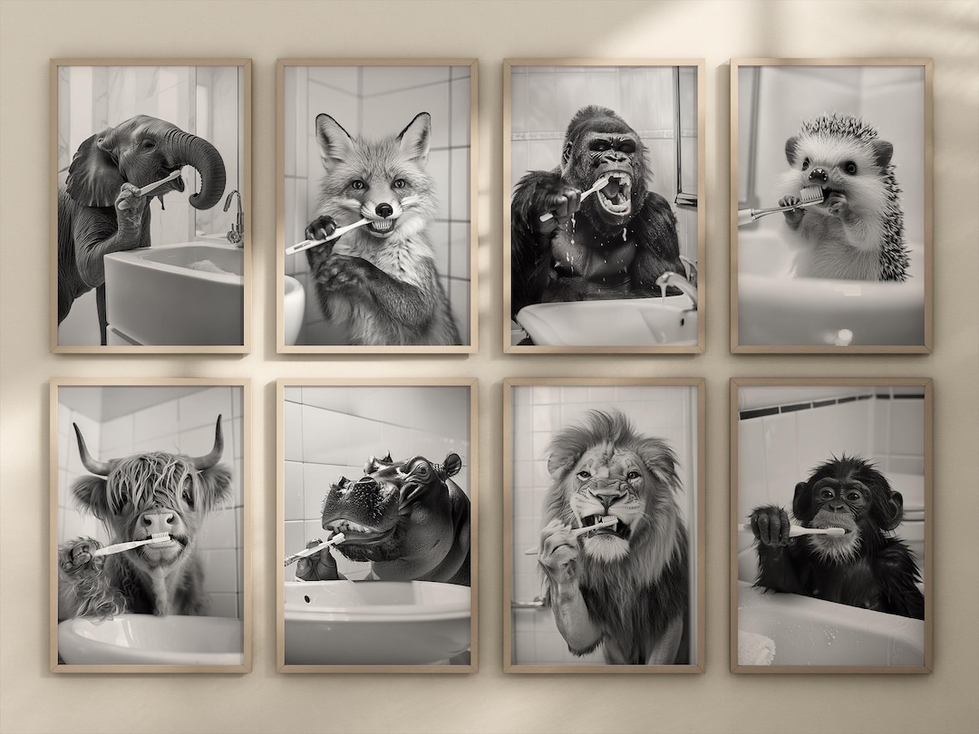 Animals Brushing Teeth Prints, Funny Bathroom Posters, Black and White ...
