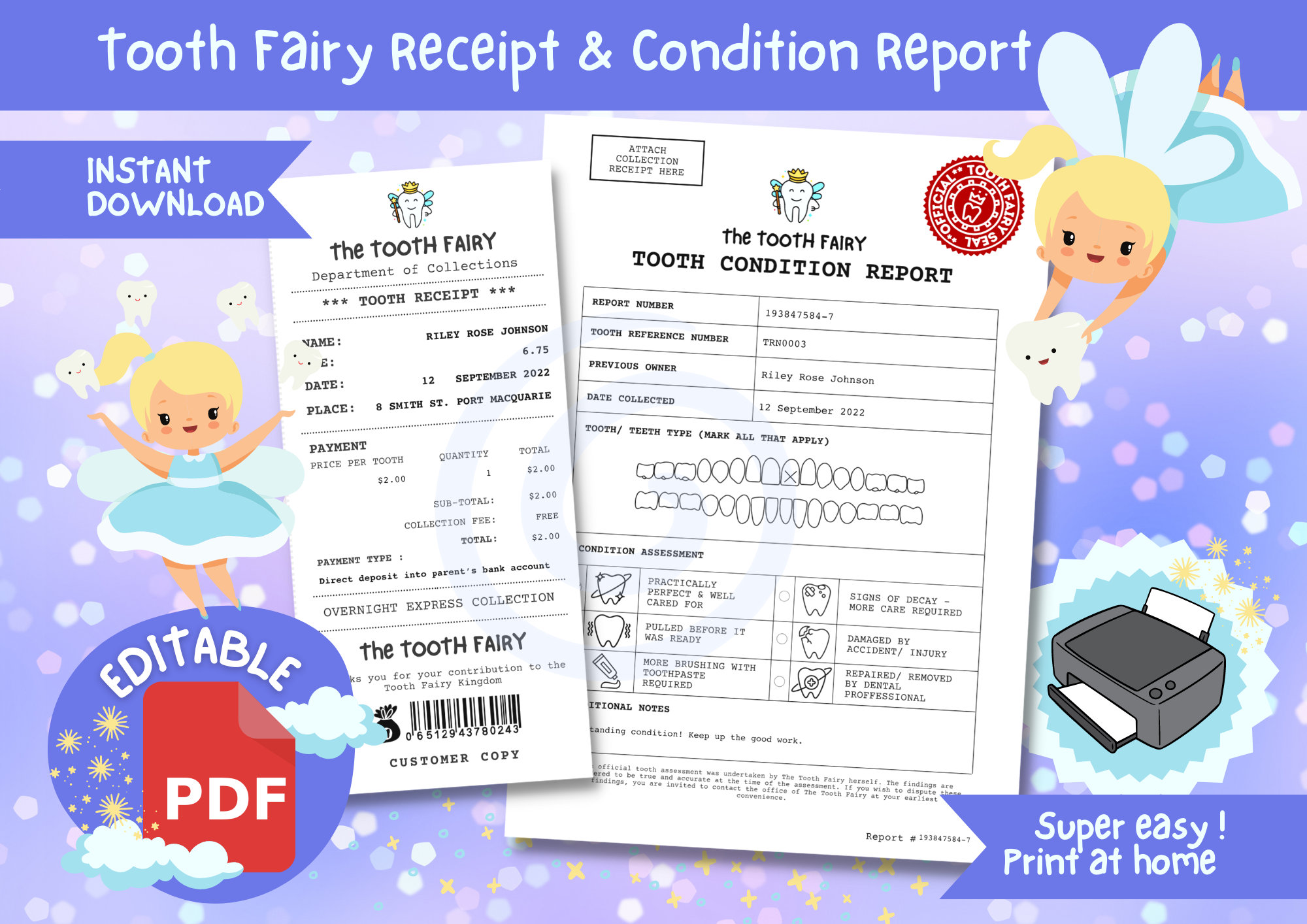 EDITABLE Tooth Fairy Receipt and Condition Report INSTANT DOWNLOAD Home ...