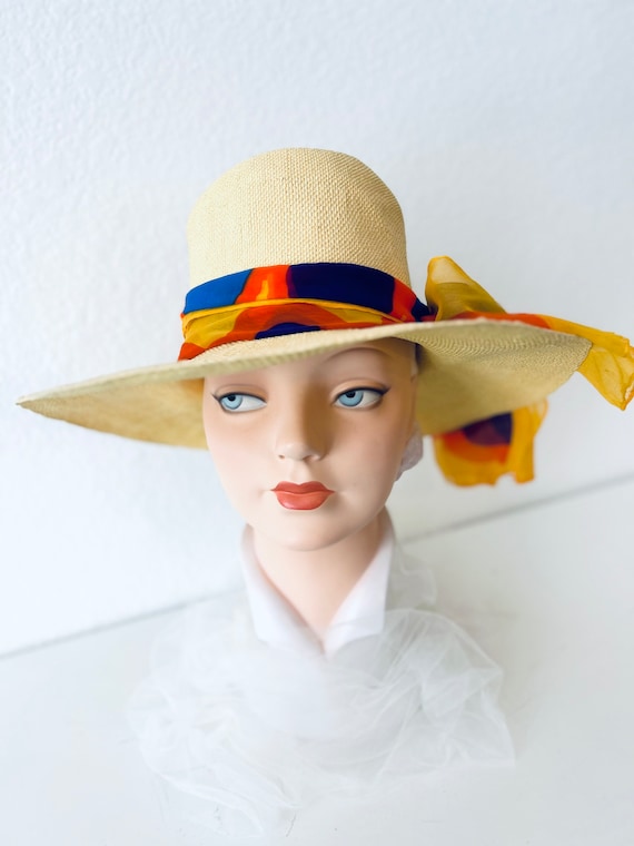 Vintage 1970s Panama hat with wide brim-scarf accent - Gem
