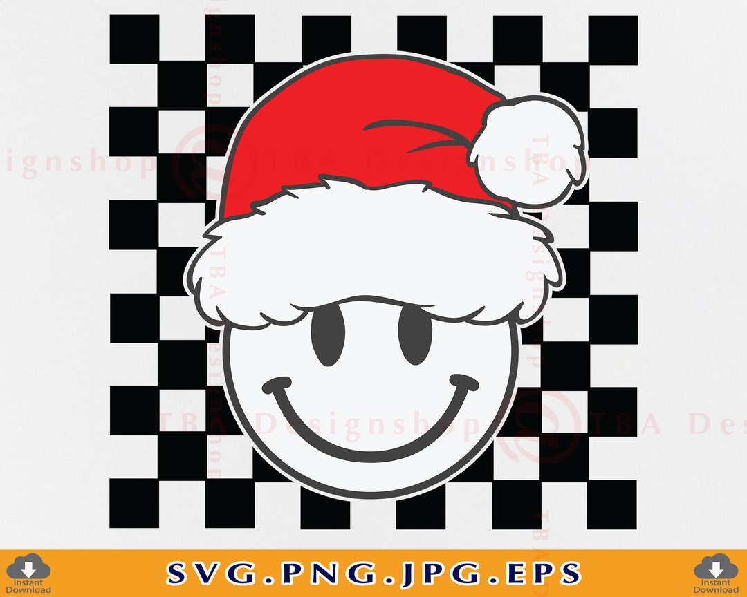 Checkered Smiley Face With Santa Hat SVG, Trendy Christmas Happy Face ...