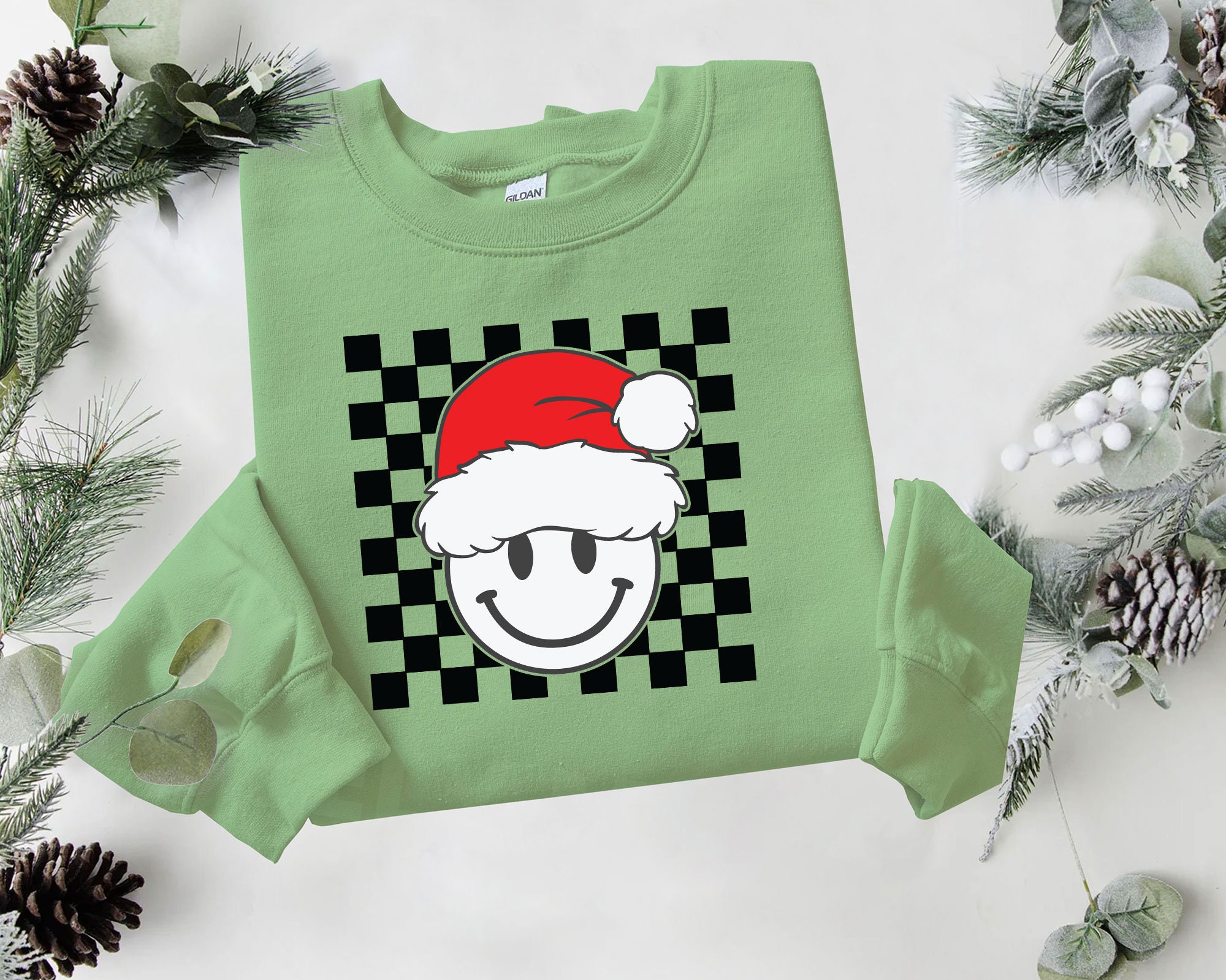 Checkered Santa Hat Smiley Face SVG, Christmas Happy Face (digital ...