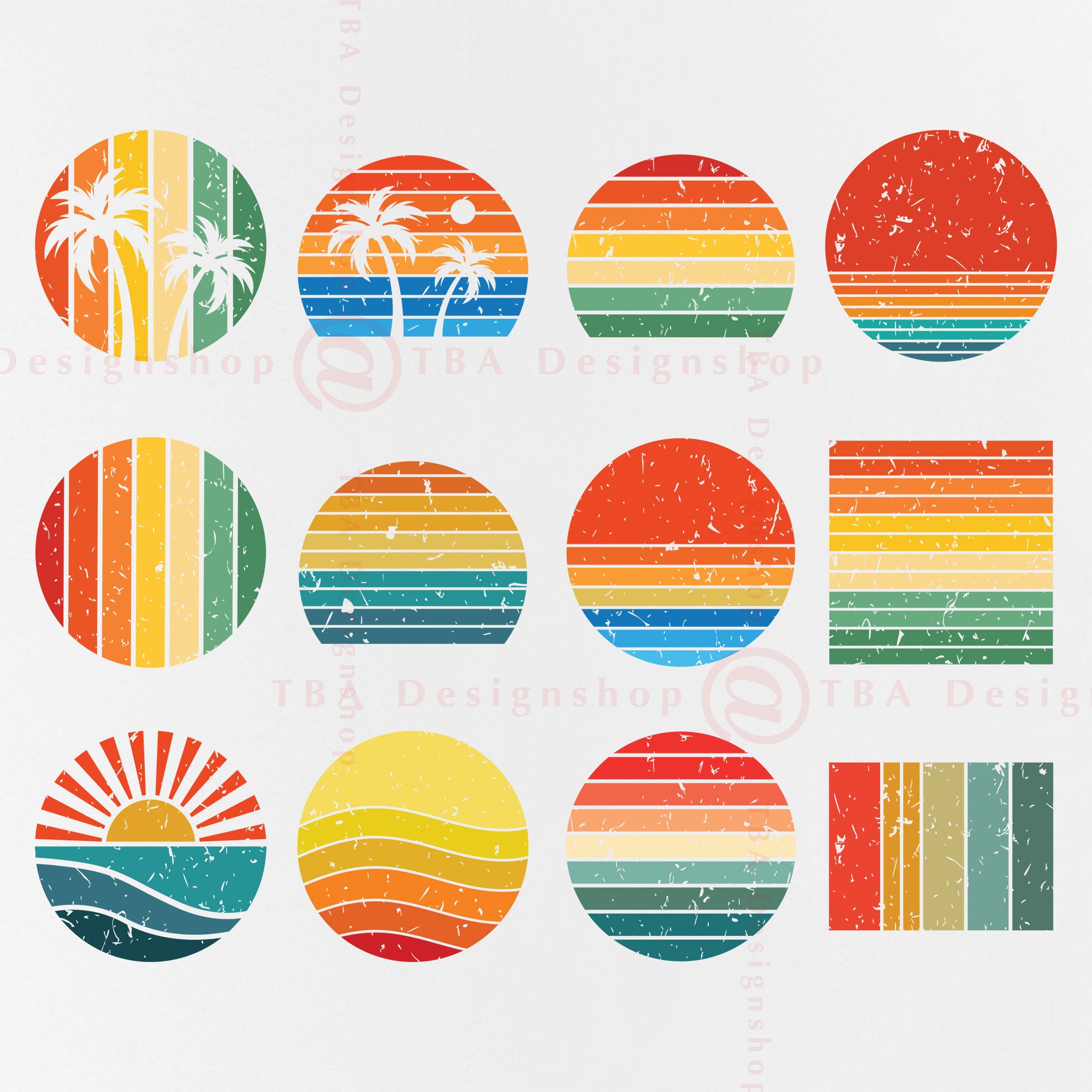 Retro Sunset PNG Bundle, Distressed Beach Palm Graphics (digital ...