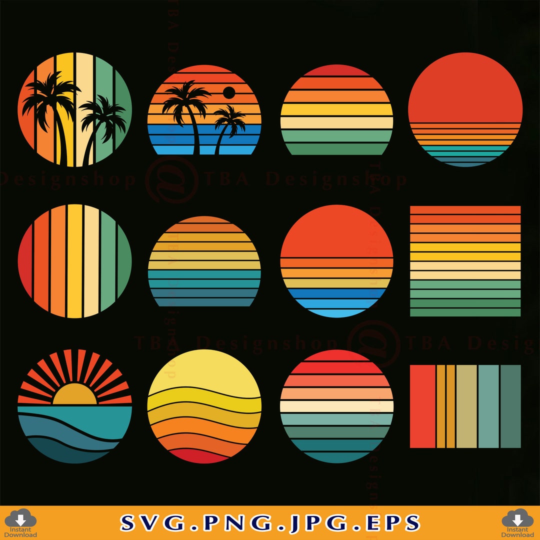 Retro Sunset SVG Bundle, Vintage Sunset SVG, Sunset Clipart, Beach Palm ...