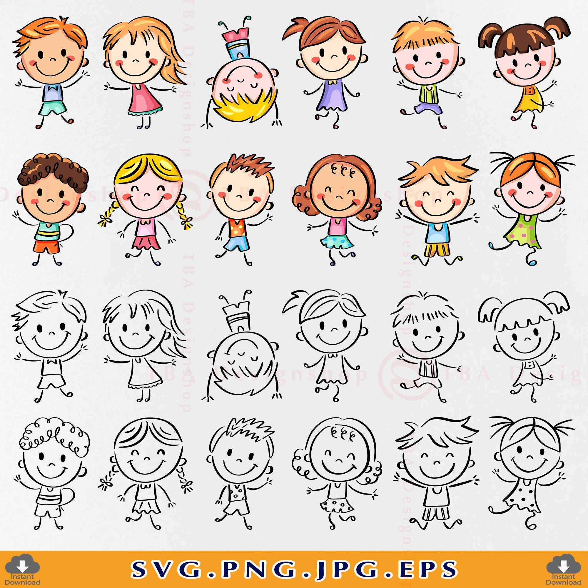 Doodle Kids Clipart, Hand Drawn Cartoon Style (SVG PNG) - Etsy
