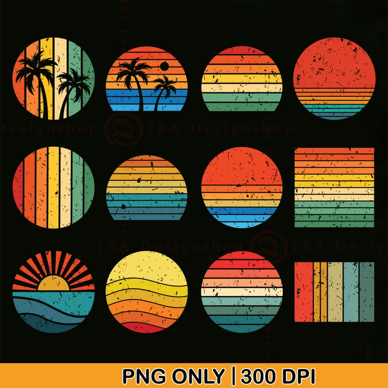 Retro Sunset PNG Bundle, Distressed Beach Palm Graphics (digital ...
