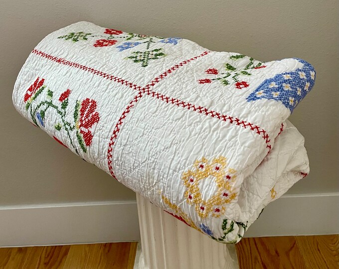 Antique Cross Stitched Complex Motif Quilt / Hand Stitched Embroidery ...