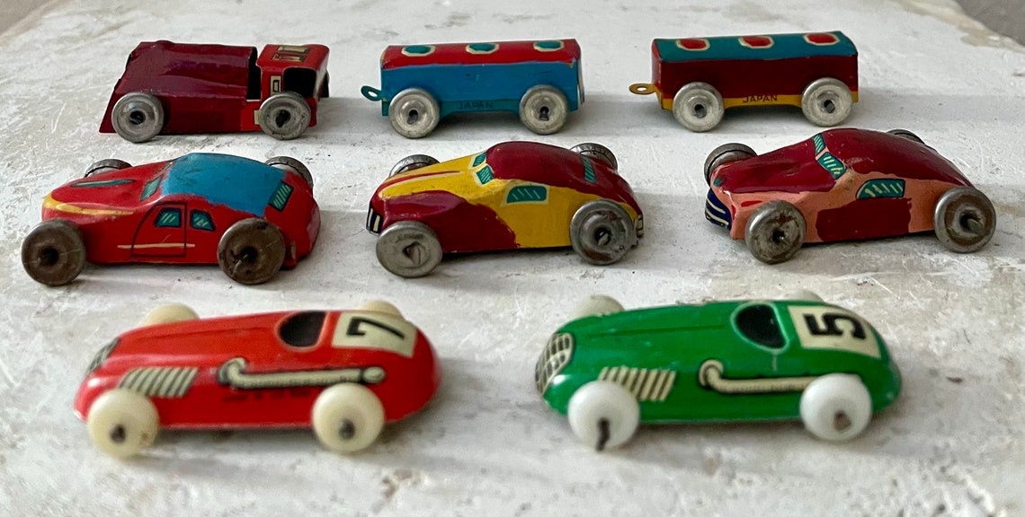 Vintage 1950s Micro Mini Tin Toy Car & Train Set - Biller Penny Toy ...