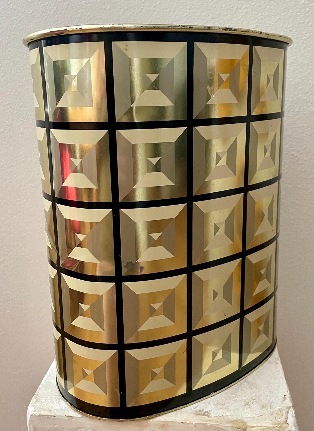 Mid Century Modern Metal Geometric Coppertone Black Cream Squares Trash ...